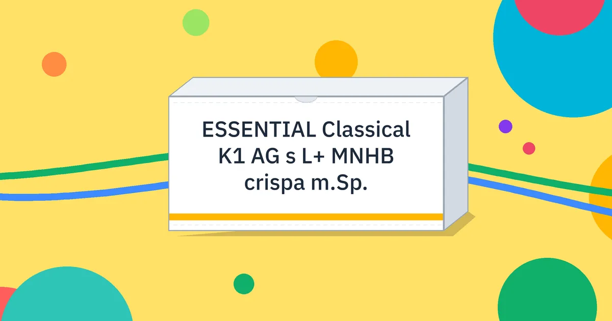 Symbolbild: Packung mit der Aufschrift ESSENTIAL Classical K1 AG s L+ MNHB crispa m.Sp. (PZN 19320983) – Verfügbarkeit und Bezug in Apotheken in Frankfurt am Main