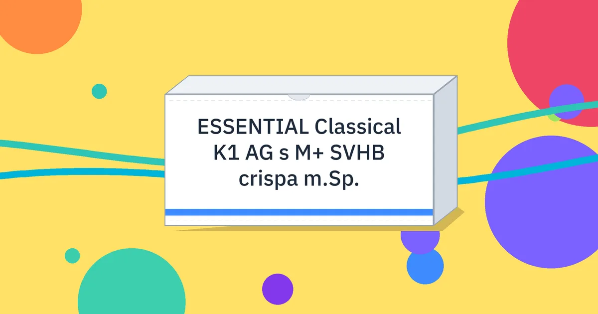 Symbolbild: Packung mit der Aufschrift ESSENTIAL Classical K1 AG s M+ SVHB crispa m.Sp. (PZN 18420889) – Verfügbarkeit und Bezug in Apotheken in Frankfurt am Main