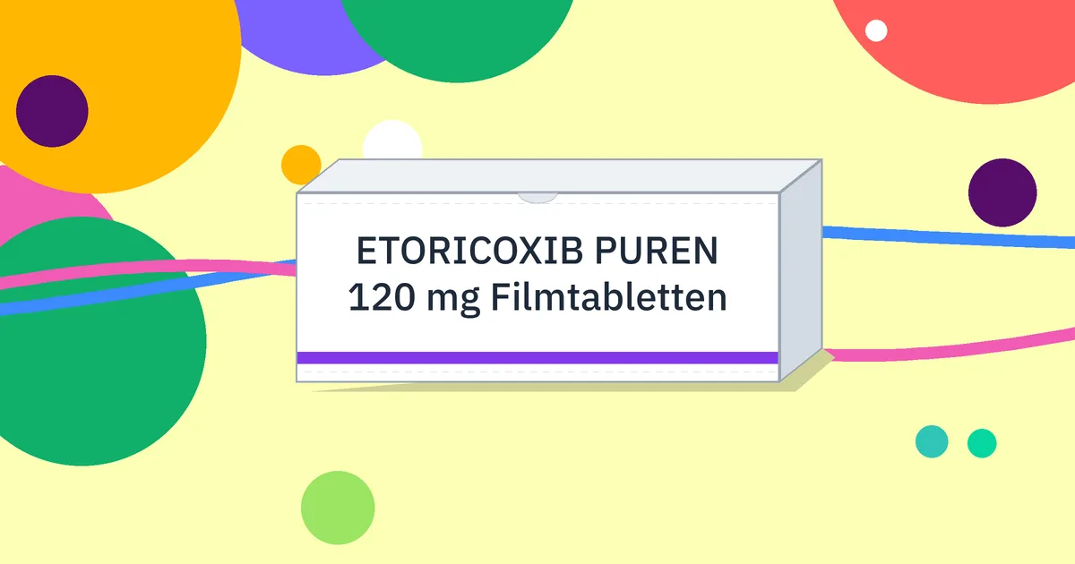 Symbolbild: Packung mit der Aufschrift ETORICOXIB PUREN 120 mg Filmtabletten (PZN 12361772) – Verfügbarkeit und Bezug in Apotheken in Frankfurt am Main