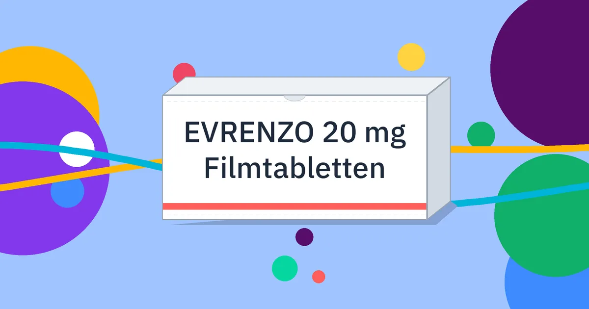 Symbolbild: Packung mit der Aufschrift EVRENZO 20 mg Filmtabletten (PZN 19781023) – Verfügbarkeit und Bezug in Apotheken in Frankfurt am Main