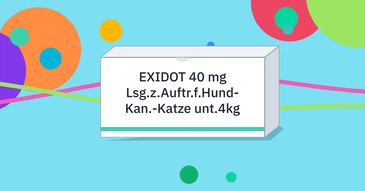 Symbolbild: Packung mit der Aufschrift EXIDOT 40 mg Lsg.z.Auftr.f.Hund-Kan.-Katze unt.4kg (PZN 16828847) – Verfügbarkeit und Bezug in Apotheken in Frankfurt am Main