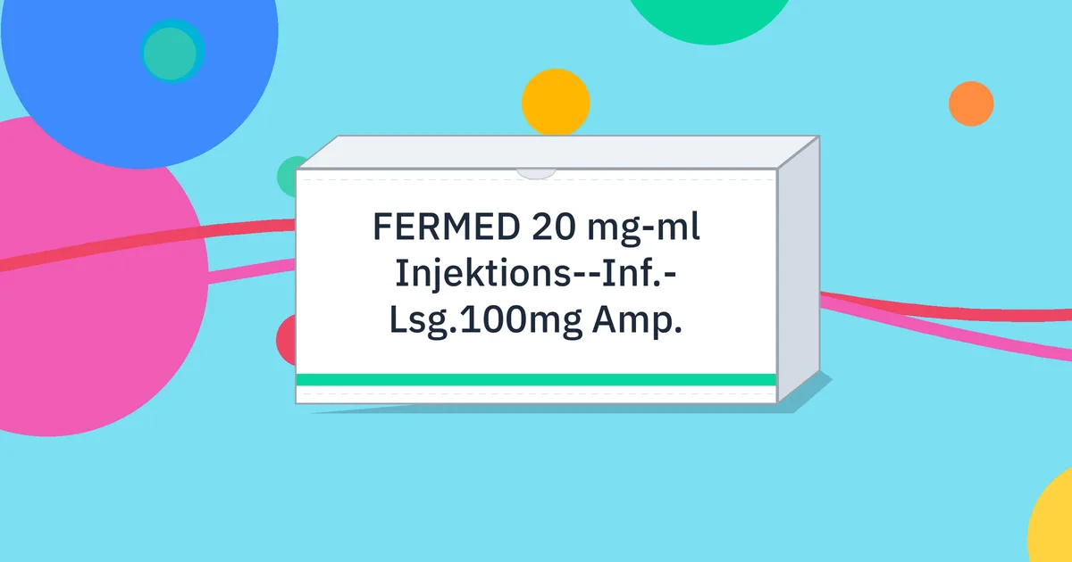 Symbolbild: Packung mit der Aufschrift FERMED 20 mg-ml Injektions--Inf.-Lsg.100mg Amp. (PZN 00694451) – Verfügbarkeit und Bezug in Apotheken in Frankfurt am Main