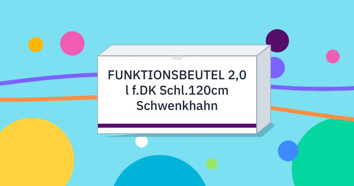 Symbolbild: Packung mit der Aufschrift FUNKTIONSBEUTEL 2,0 l f.DK Schl.120cm Schwenkhahn (PZN 06098098) – Verfügbarkeit und Bezug in Apotheken in Frankfurt am Main