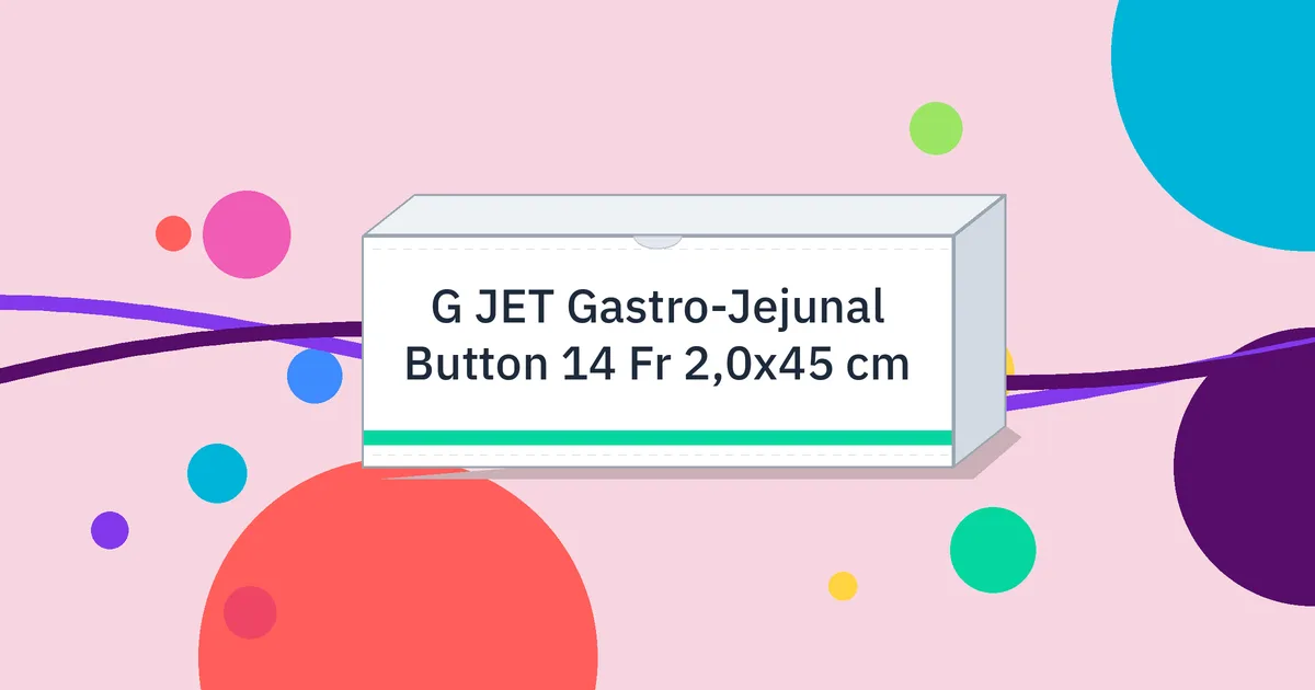 Symbolbild: Packung mit der Aufschrift G JET Gastro-Jejunal Button 14 Fr 2,0x45 cm (PZN 14346535) – Verfügbarkeit und Bezug in Apotheken in Frankfurt am Main
