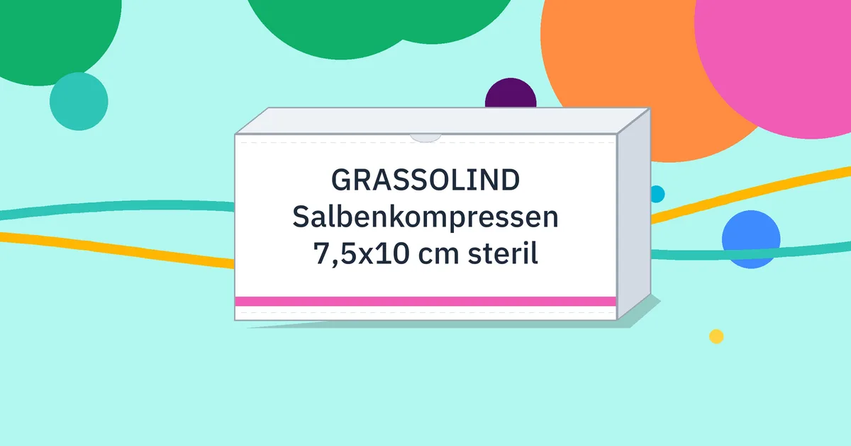 Symbolbild: Packung mit der Aufschrift GRASSOLIND Salbenkompressen 7,5x10 cm steril (PZN 19852332) – Verfügbarkeit und Bezug in Apotheken in Frankfurt am Main