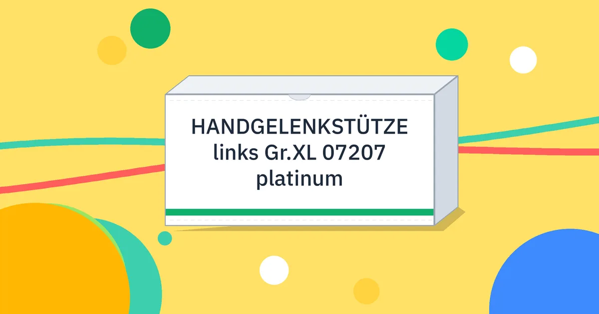 Symbolbild: Packung mit der Aufschrift HANDGELENKSTÜTZE links Gr.XL 07207 platinum (PZN 19450757) – Verfügbarkeit und Bezug in Apotheken in Frankfurt am Main