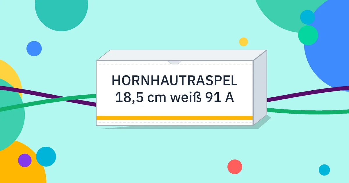 Symbolbild: Packung mit der Aufschrift HORNHAUTRASPEL 18,5 cm weiß 91 A (PZN 19283696) – Verfügbarkeit und Bezug in Apotheken in Frankfurt am Main
