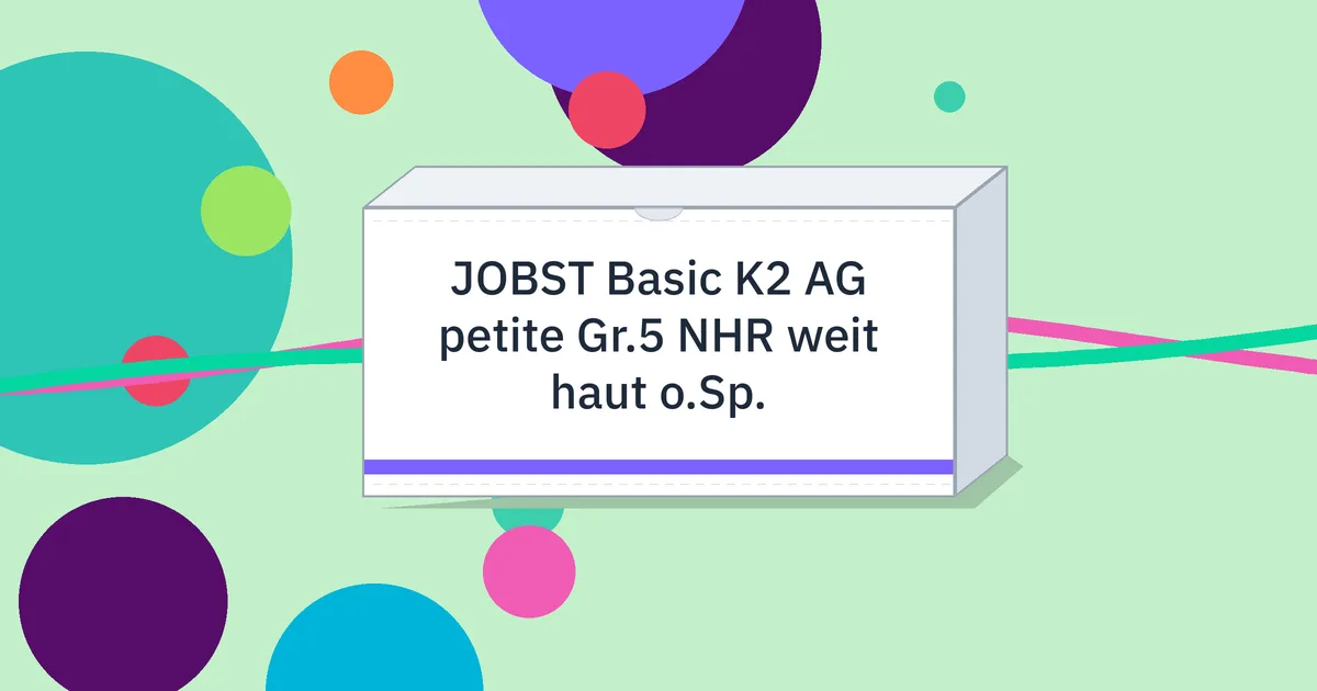 Symbolbild: Packung mit der Aufschrift JOBST Basic K2 AG petite Gr.5 NHR weit haut o.Sp. (PZN 11249470) – Verfügbarkeit und Bezug in Apotheken in Frankfurt am Main