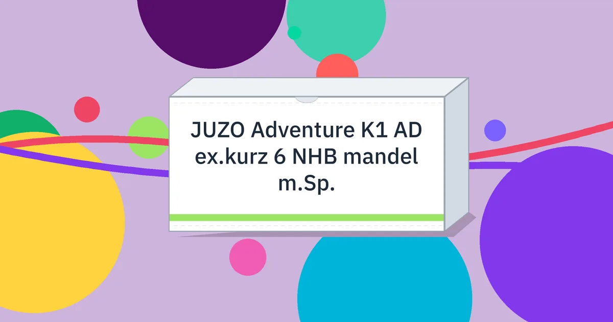 Symbolbild: Packung mit der Aufschrift JUZO Adventure K1 AD ex.kurz 6 NHB mandel m.Sp. (PZN 14975780) – Verfügbarkeit und Bezug in Apotheken in Frankfurt am Main