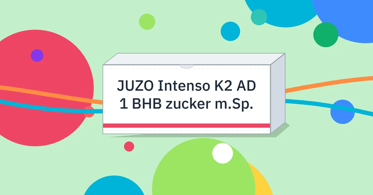 Symbolbild: Packung mit der Aufschrift JUZO Intenso K2 AD 1 BHB zucker m.Sp. (PZN 18613074) – Verfügbarkeit und Bezug in Apotheken in Frankfurt am Main