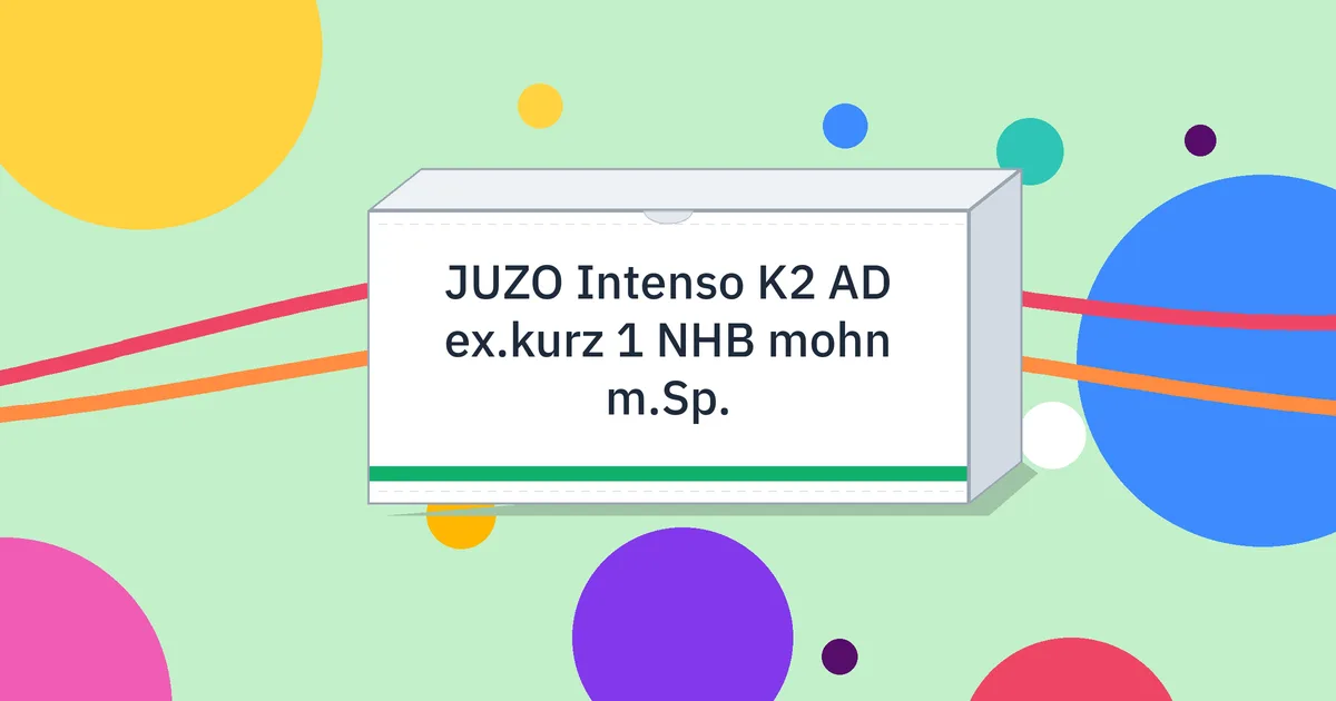 Symbolbild: Packung mit der Aufschrift JUZO Intenso K2 AD ex.kurz 1 NHB mohn m.Sp. (PZN 18611744) – Verfügbarkeit und Bezug in Apotheken in Frankfurt am Main