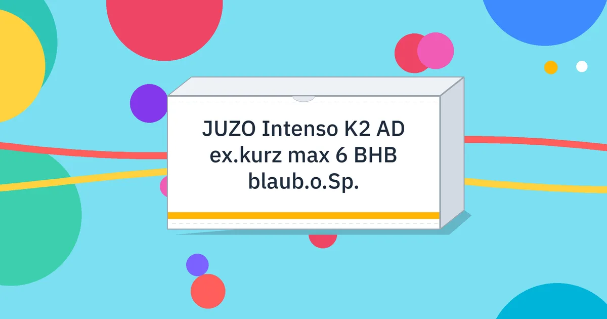 Symbolbild: Packung mit der Aufschrift JUZO Intenso K2 AD ex.kurz max 6 BHB blaub.o.Sp. (PZN 18624534) – Verfügbarkeit und Bezug in Apotheken in Frankfurt am Main