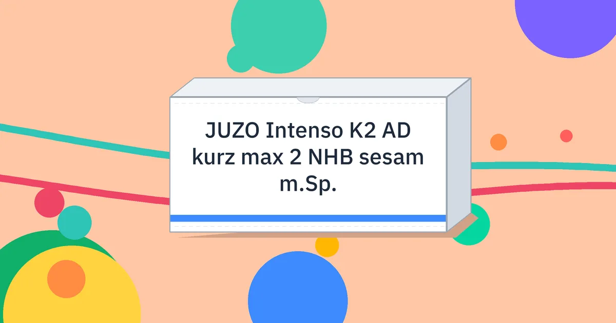 Symbolbild: Packung mit der Aufschrift JUZO Intenso K2 AD kurz max 2 NHB sesam m.Sp. (PZN 18612152) – Verfügbarkeit und Bezug in Apotheken in Frankfurt am Main