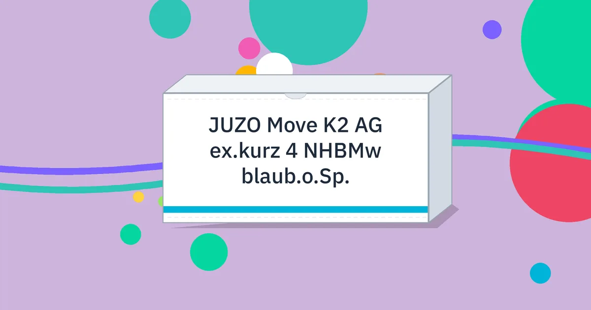 Symbolbild: Packung mit der Aufschrift JUZO Move K2 AG ex.kurz 4 NHBMw blaub.o.Sp. (PZN 18565033) – Verfügbarkeit und Bezug in Apotheken in Frankfurt am Main