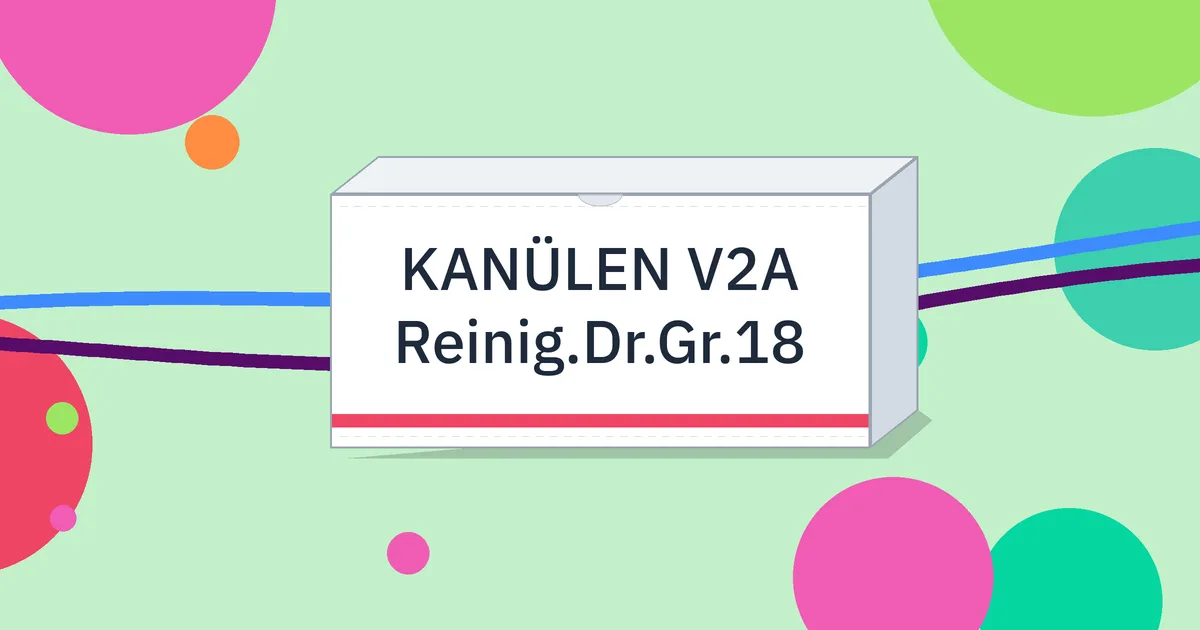 Symbolbild: Packung mit der Aufschrift KANÜLEN V2A Reinig.Dr.Gr.18 (PZN 01729660) – Verfügbarkeit und Bezug in Apotheken in Frankfurt am Main