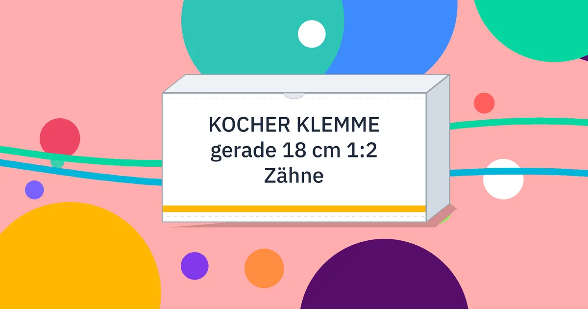 Symbolbild: Packung mit der Aufschrift KOCHER KLEMME gerade 18 cm 1:2 Zähne (PZN 02523506) – Verfügbarkeit und Bezug in Apotheken in Frankfurt am Main