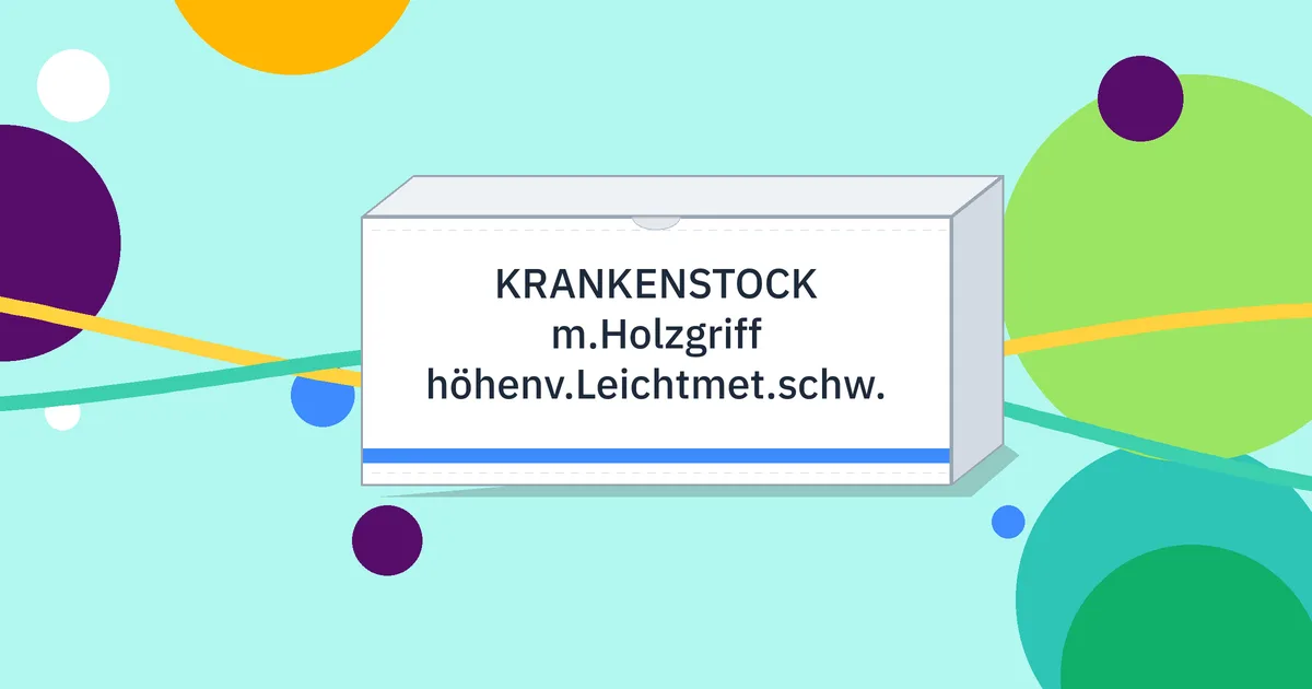 Symbolbild: Packung mit der Aufschrift KRANKENSTOCK m.Holzgriff höhenv.Leichtmet.schw. (PZN 03052463) – Verfügbarkeit und Bezug in Apotheken in Frankfurt am Main