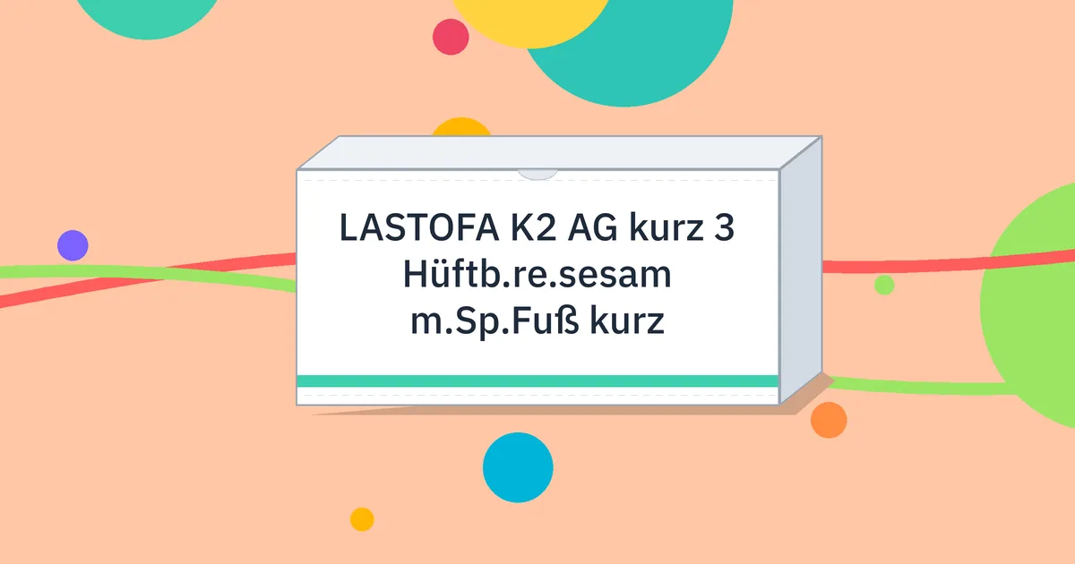 Symbolbild: Packung mit der Aufschrift LASTOFA K2 AG kurz 3 Hüftb.re.sesam m.Sp.Fuß kurz (PZN 13811349) – Verfügbarkeit und Bezug in Apotheken in Frankfurt am Main