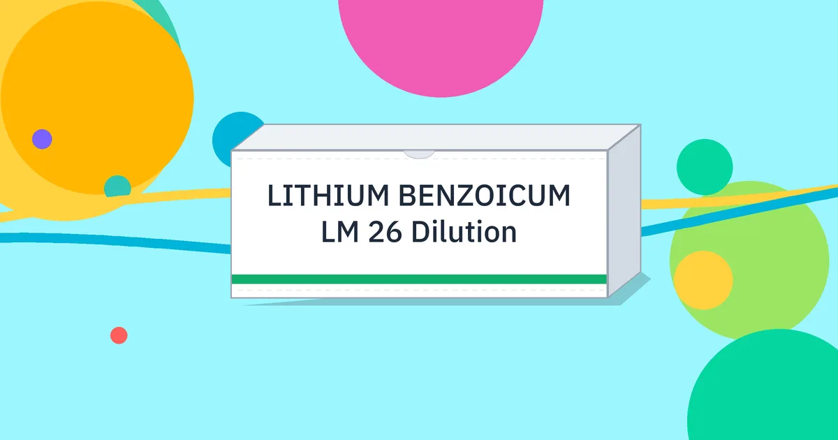 Symbolbild: Packung mit der Aufschrift LITHIUM BENZOICUM LM 26 Dilution (PZN 13531704) – Verfügbarkeit und Bezug in Apotheken in Frankfurt am Main