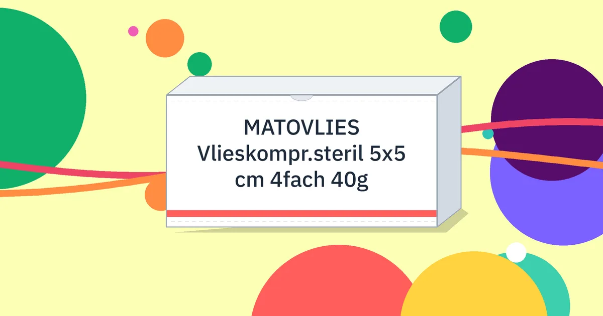 Symbolbild: Packung mit der Aufschrift MATOVLIES Vlieskompr.steril 5x5 cm 4fach 40g (PZN 00591679) – Verfügbarkeit und Bezug in Apotheken in Frankfurt am Main