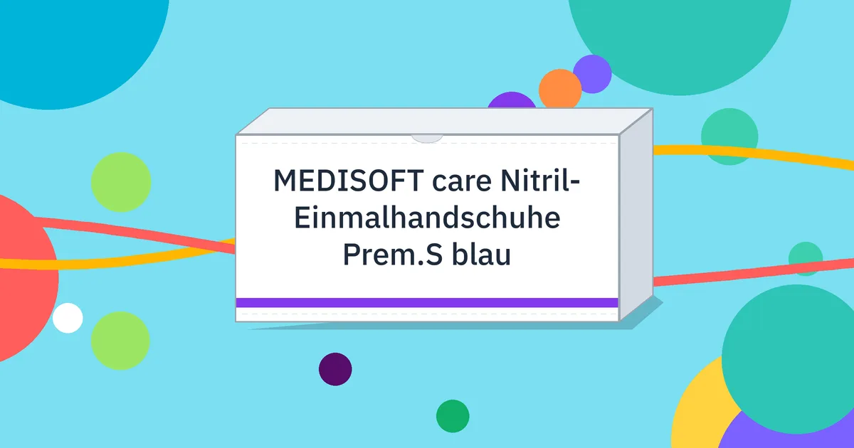 Symbolbild: Packung mit der Aufschrift MEDISOFT care Nitril-Einmalhandschuhe Prem.S blau (PZN 20028408) – Verfügbarkeit und Bezug in Apotheken in Frankfurt am Main