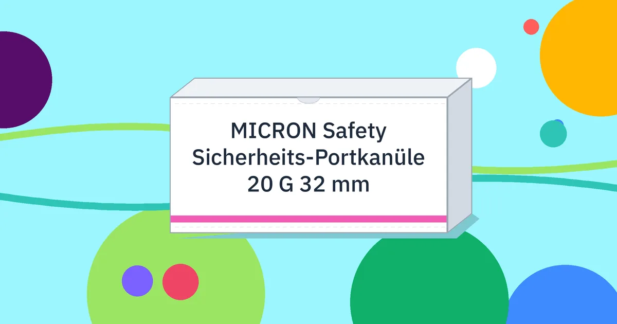 Symbolbild: Packung mit der Aufschrift MICRON Safety Sicherheits-Portkanüle 20 G 32 mm (PZN 19113310) – Verfügbarkeit und Bezug in Apotheken in Frankfurt am Main