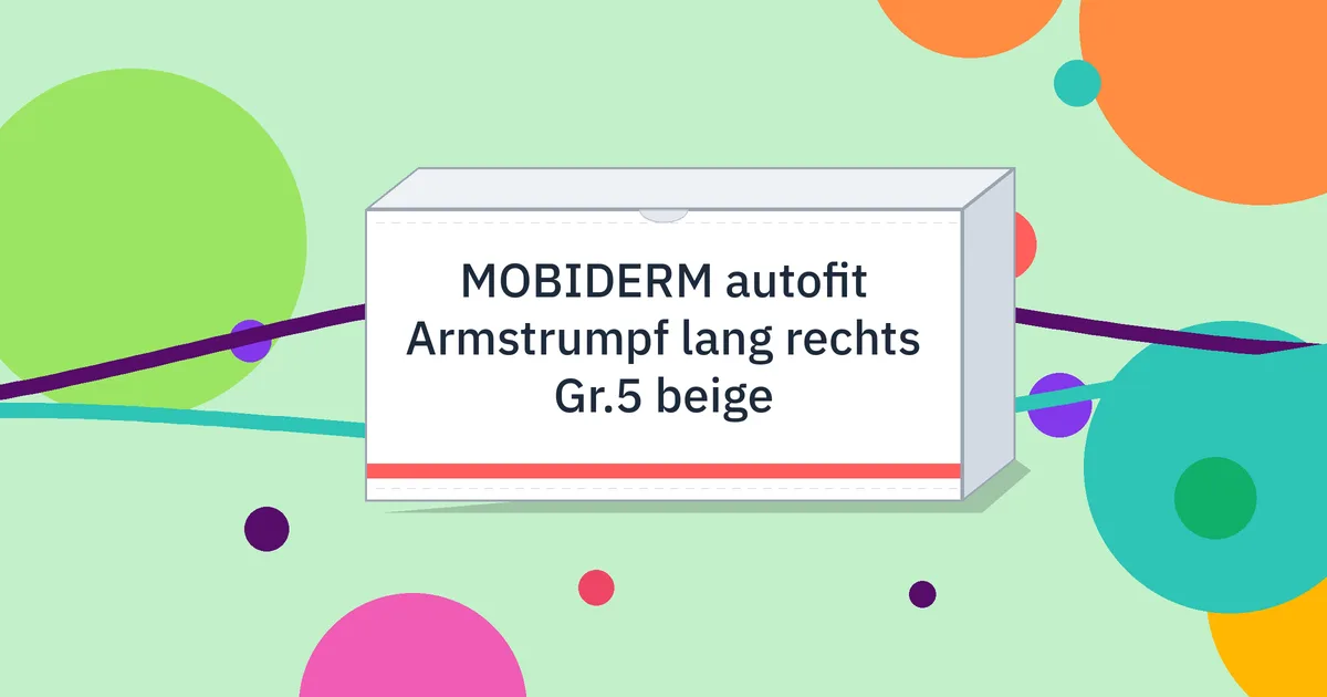 Symbolbild: Packung mit der Aufschrift MOBIDERM autofit Armstrumpf lang rechts Gr.5 beige (PZN 13969808) – Verfügbarkeit und Bezug in Apotheken in Frankfurt am Main