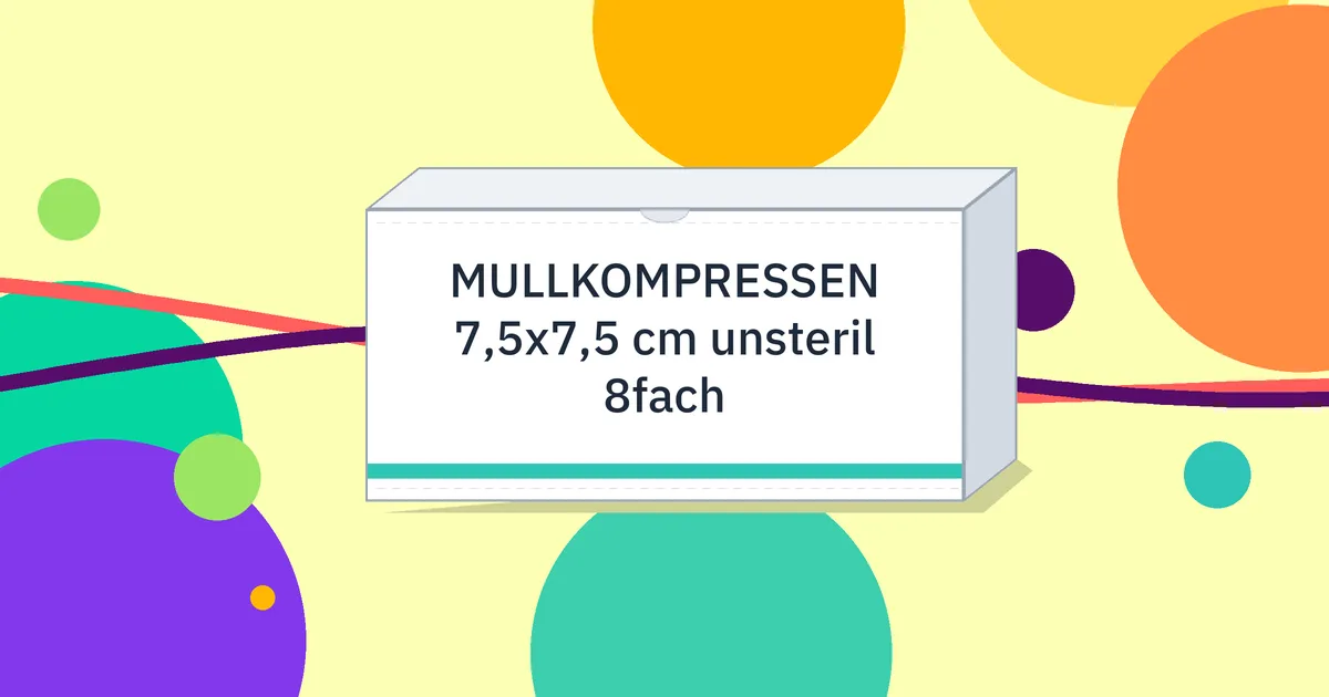 Symbolbild: Packung mit der Aufschrift MULLKOMPRESSEN 7,5x7,5 cm unsteril 8fach (PZN 00430723) – Verfügbarkeit und Bezug in Apotheken in Frankfurt am Main