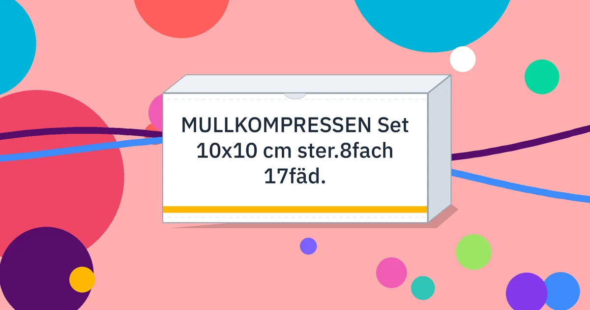 Symbolbild: Packung mit der Aufschrift MULLKOMPRESSEN Set 10x10 cm ster.8fach 17fäd. (PZN 06929524) – Verfügbarkeit und Bezug in Apotheken in Frankfurt am Main