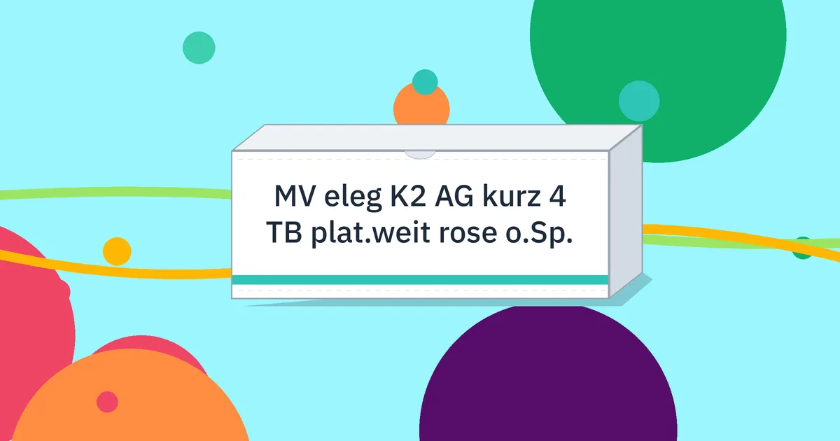 Symbolbild: Packung mit der Aufschrift MV eleg K2 AG kurz 4 TB plat.weit rose o.Sp. (PZN 14696583) – Verfügbarkeit und Bezug in Apotheken in Frankfurt am Main