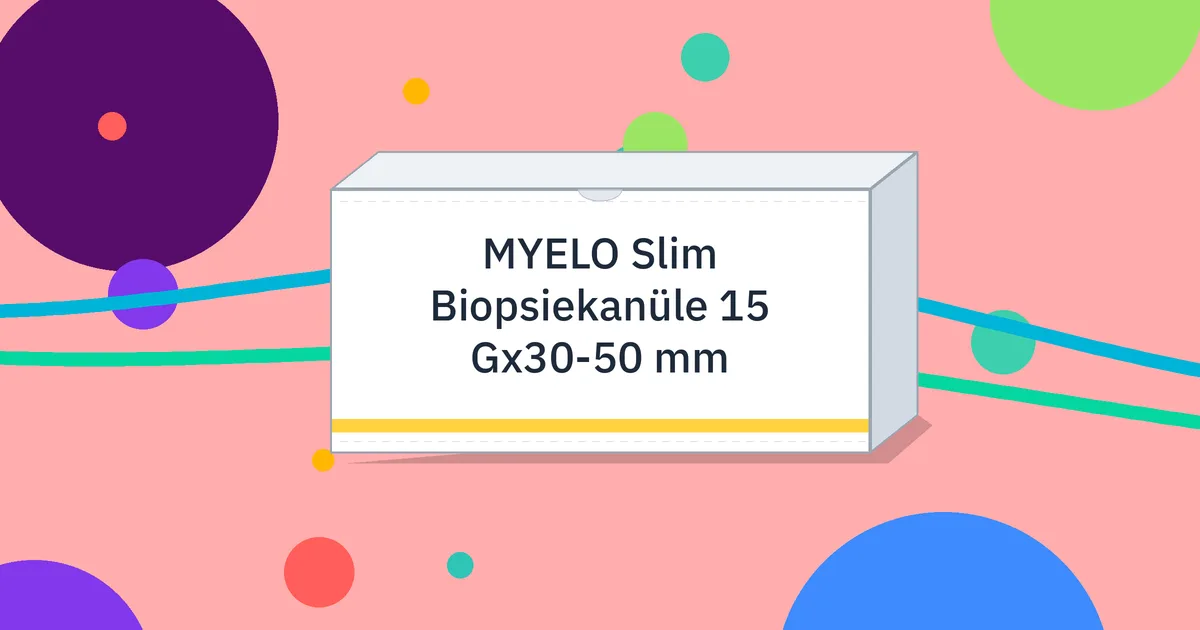 Symbolbild: Packung mit der Aufschrift MYELO Slim Biopsiekanüle 15 Gx30-50 mm (PZN 18794259) – Verfügbarkeit und Bezug in Apotheken in Frankfurt am Main