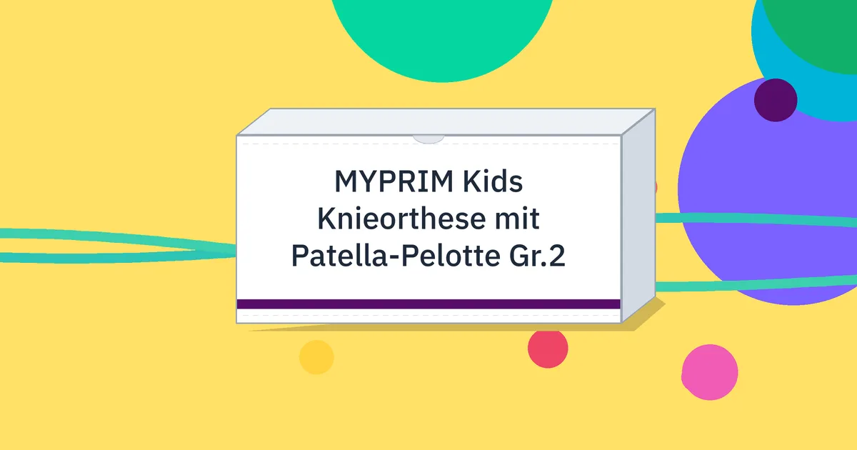 Symbolbild: Packung mit der Aufschrift MYPRIM Kids Knieorthese mit Patella-Pelotte Gr.2 (PZN 17879522) – Verfügbarkeit und Bezug in Apotheken in Frankfurt am Main