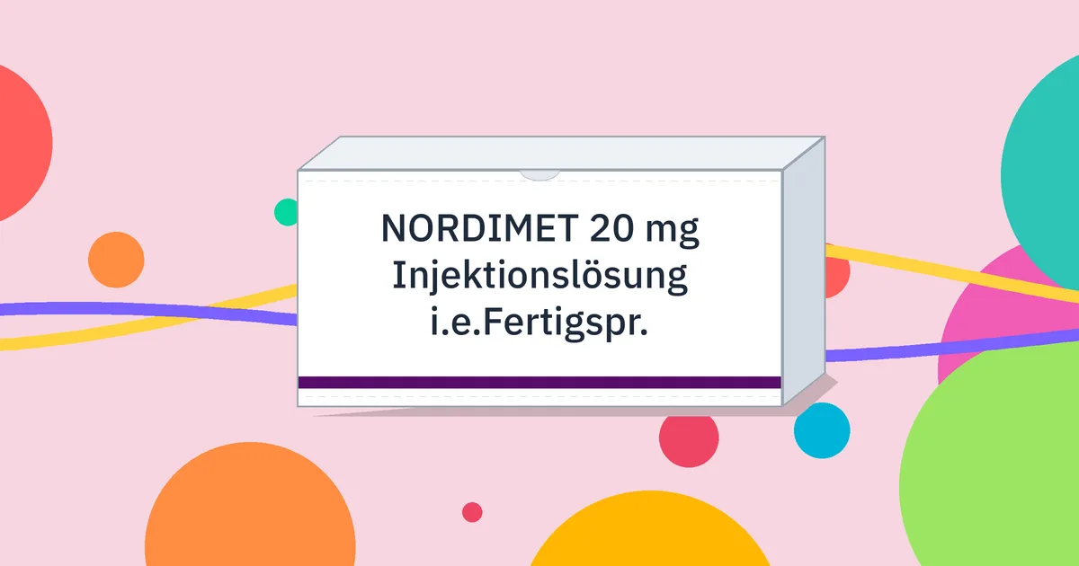 Symbolbild: Packung mit der Aufschrift NORDIMET 20 mg Injektionslösung i.e.Fertigspr. (PZN 15264934) – Verfügbarkeit und Bezug in Apotheken in Frankfurt am Main