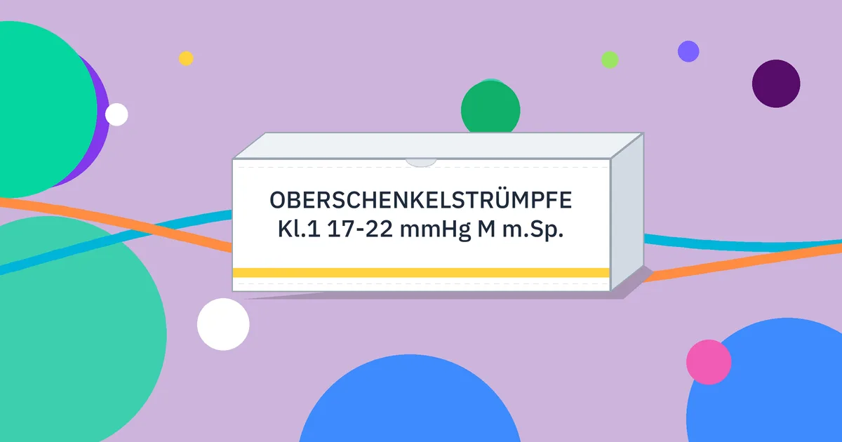 Symbolbild: Packung mit der Aufschrift OBERSCHENKELSTRÜMPFE Kl.1 17-22 mmHg M m.Sp. (PZN 19072315) – Verfügbarkeit und Bezug in Apotheken in Frankfurt am Main