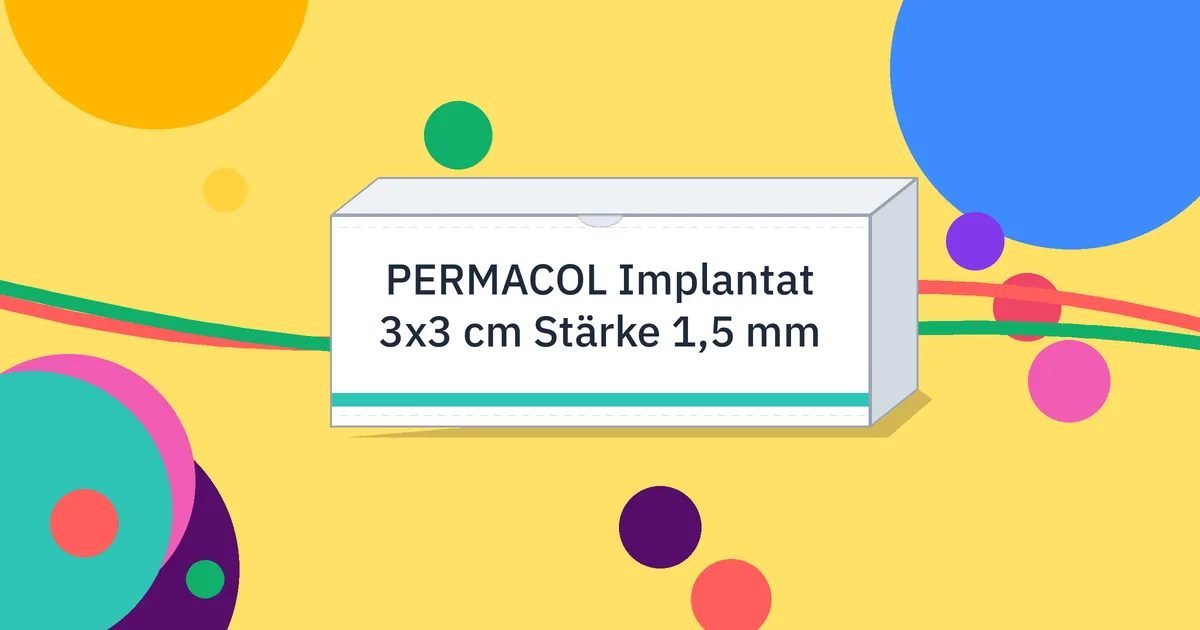Symbolbild: Packung mit der Aufschrift PERMACOL Implantat 3x3 cm Stärke 1,5 mm (PZN 05869530) – Verfügbarkeit und Bezug in Apotheken in Frankfurt am Main