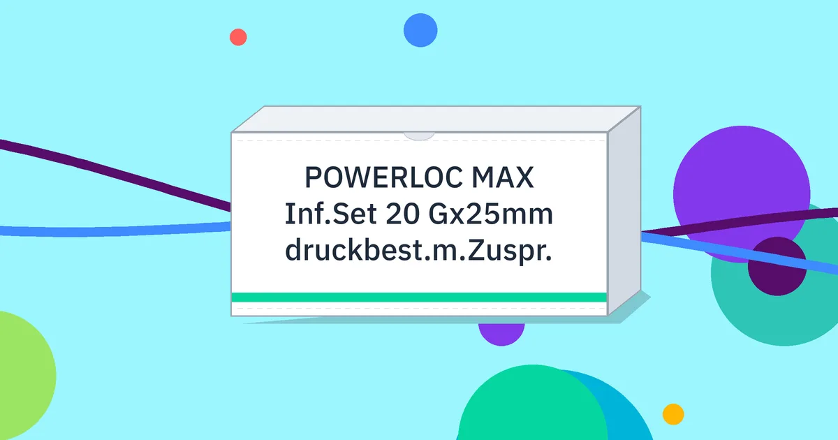 Symbolbild: Packung mit der Aufschrift POWERLOC MAX Inf.Set 20 Gx25mm druckbest.m.Zuspr. (PZN 19129179) – Verfügbarkeit und Bezug in Apotheken in Frankfurt am Main