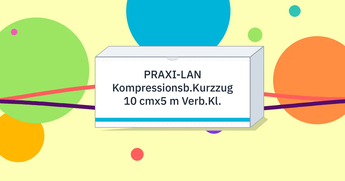 Symbolbild: Packung mit der Aufschrift PRAXI-LAN Kompressionsb.Kurzzug 10 cmx5 m Verb.Kl. (PZN 12826946) – Verfügbarkeit und Bezug in Apotheken in Frankfurt am Main