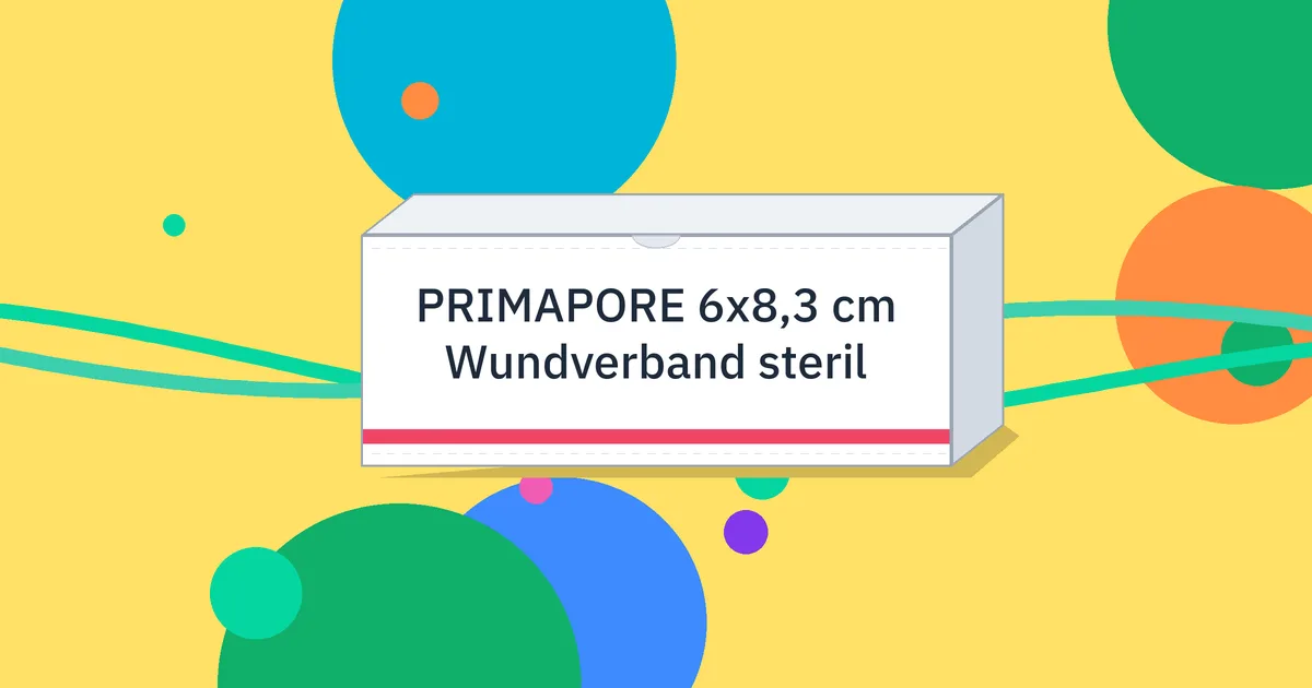 Symbolbild: Packung mit der Aufschrift PRIMAPORE 6x8,3 cm Wundverband steril (PZN 09204661) – Verfügbarkeit und Bezug in Apotheken in Frankfurt am Main