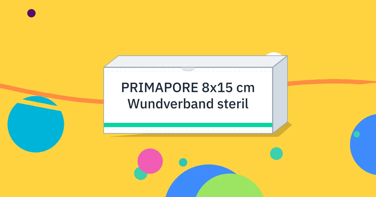 Symbolbild: Packung mit der Aufschrift PRIMAPORE 8x15 cm Wundverband steril (PZN 17833313) – Verfügbarkeit und Bezug in Apotheken in Frankfurt am Main