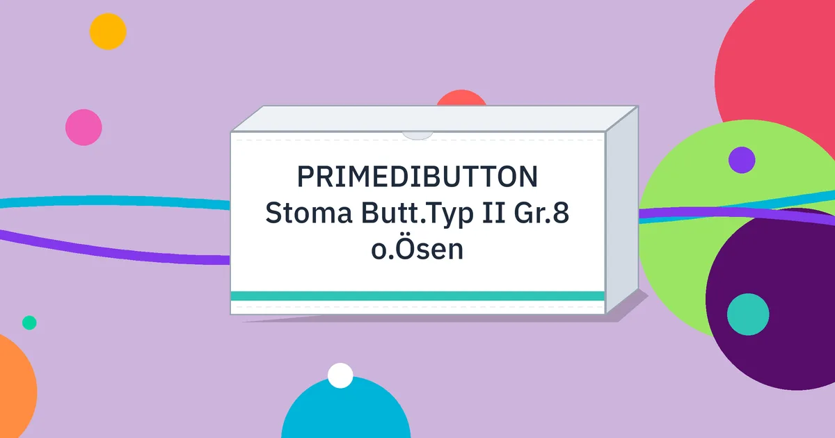 Symbolbild: Packung mit der Aufschrift PRIMEDIBUTTON Stoma Butt.Typ II Gr.8 o.Ösen (PZN 10791362) – Verfügbarkeit und Bezug in Apotheken in Frankfurt am Main