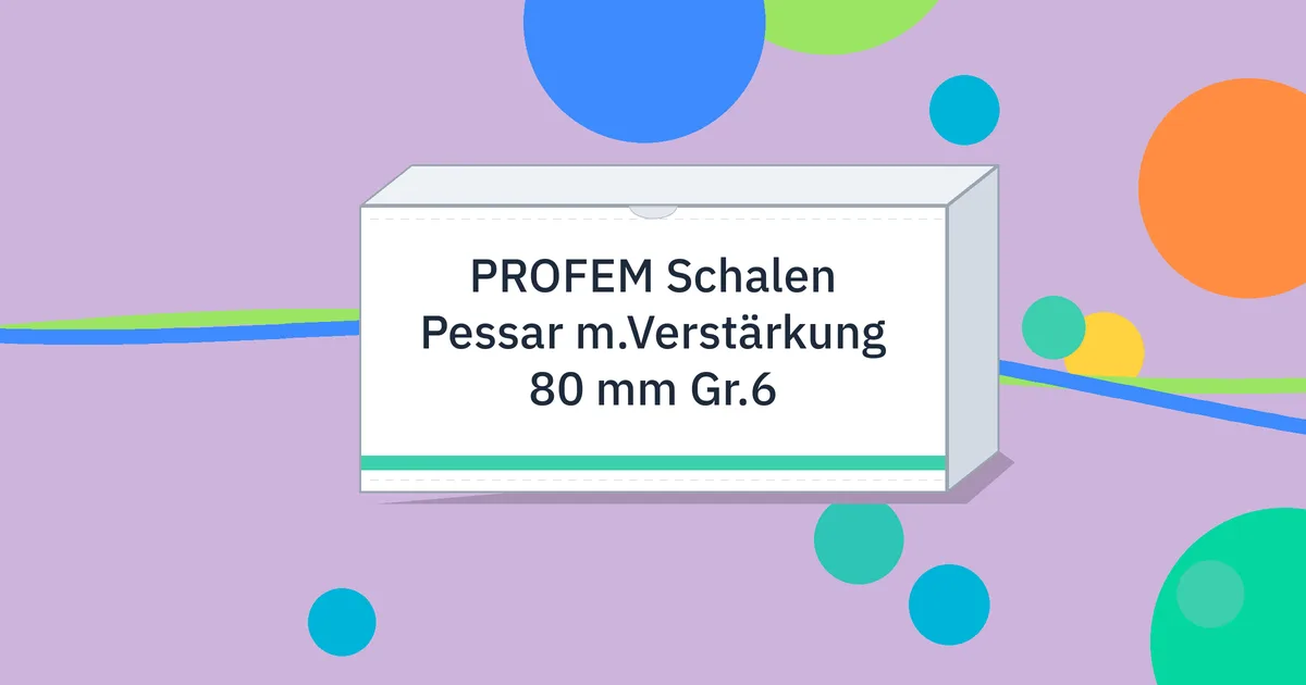 Symbolbild: Packung mit der Aufschrift PROFEM Schalen Pessar m.Verstärkung 80 mm Gr.6 (PZN 11673251) – Verfügbarkeit und Bezug in Apotheken in Frankfurt am Main