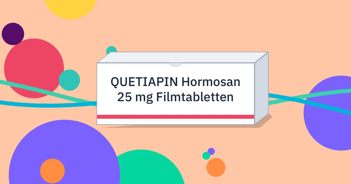 Symbolbild: Packung mit der Aufschrift QUETIAPIN Hormosan 25 mg Filmtabletten (PZN 09294492) – Verfügbarkeit und Bezug in Apotheken in Frankfurt am Main