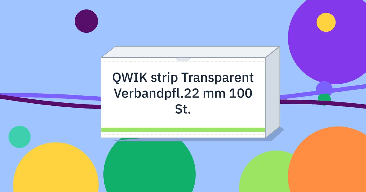 Symbolbild: Packung mit der Aufschrift QWIK strip Transparent Verbandpfl.22 mm 100 St. (PZN 04941691) – Verfügbarkeit und Bezug in Apotheken in Frankfurt am Main