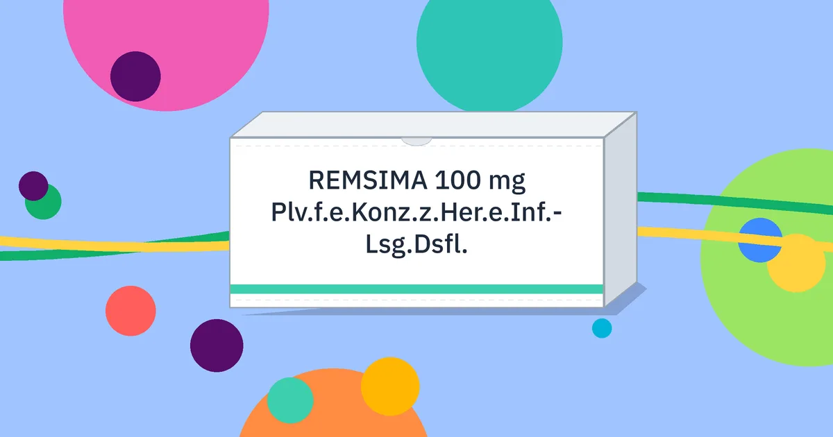 Symbolbild: Packung mit der Aufschrift REMSIMA 100 mg Plv.f.e.Konz.z.Her.e.Inf.-Lsg.Dsfl. (PZN 18062326) – Verfügbarkeit und Bezug in Apotheken in Frankfurt am Main