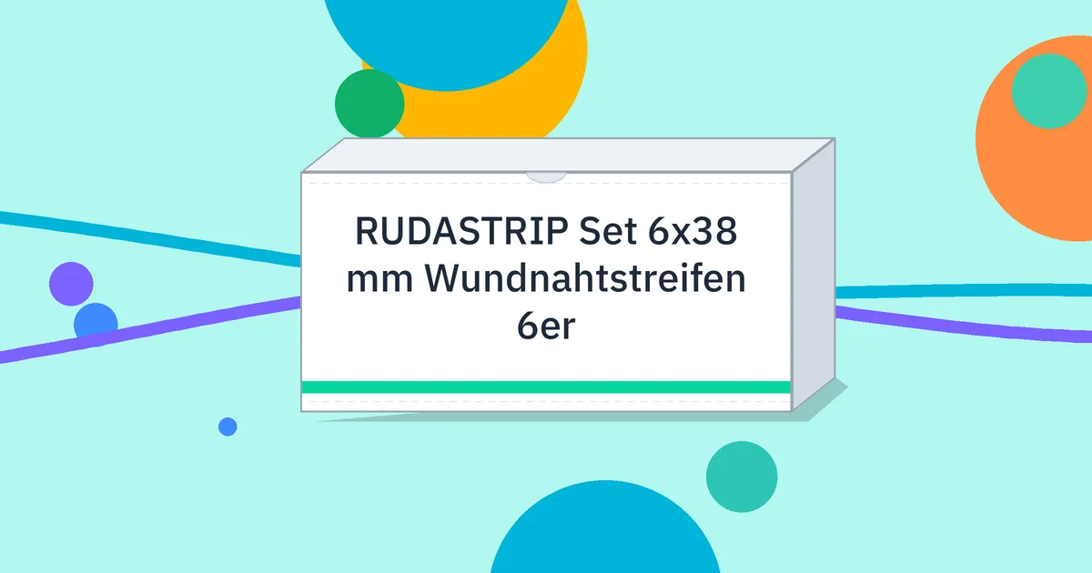 Symbolbild: Packung mit der Aufschrift RUDASTRIP Set 6x38 mm Wundnahtstreifen 6er (PZN 15893073) – Verfügbarkeit und Bezug in Apotheken in Frankfurt am Main