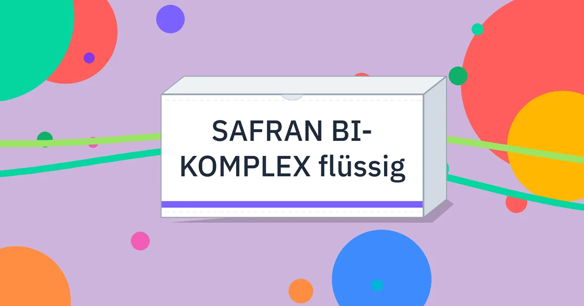 Symbolbild: Packung mit der Aufschrift SAFRAN BI-KOMPLEX flüssig (PZN 18113615) – Verfügbarkeit und Bezug in Apotheken in Frankfurt am Main