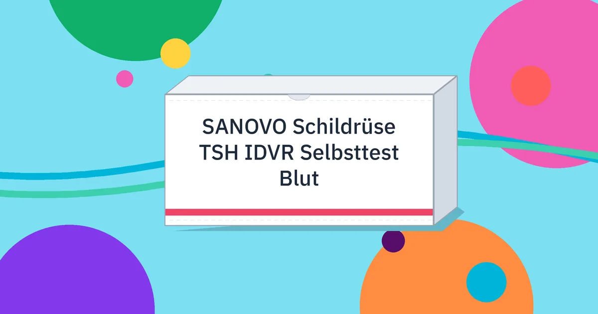 Symbolbild: Packung mit der Aufschrift SANOVO Schildrüse TSH IDVR Selbsttest Blut (PZN 20383670) – Verfügbarkeit und Bezug in Apotheken in Frankfurt am Main