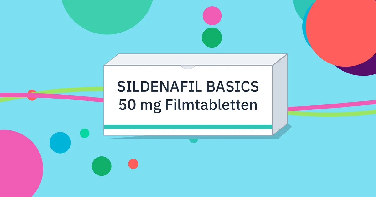 Symbolbild: Packung mit der Aufschrift SILDENAFIL BASICS 50 mg Filmtabletten (PZN 10794768) – Verfügbarkeit und Bezug in Apotheken in Frankfurt am Main