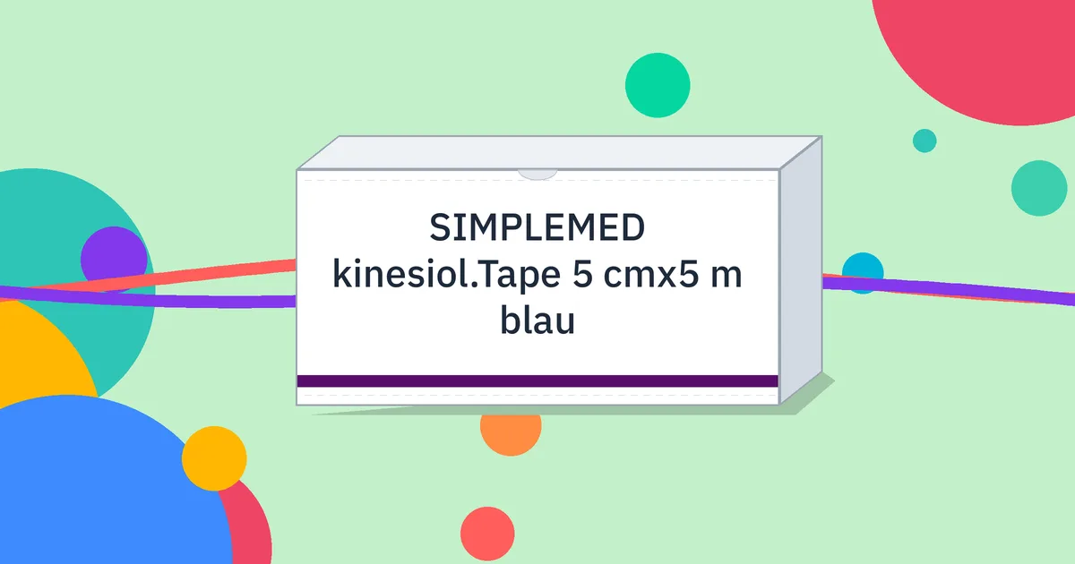 Symbolbild: Packung mit der Aufschrift SIMPLEMED kinesiol.Tape 5 cmx5 m blau (PZN 16013890) – Verfügbarkeit und Bezug in Apotheken in Frankfurt am Main