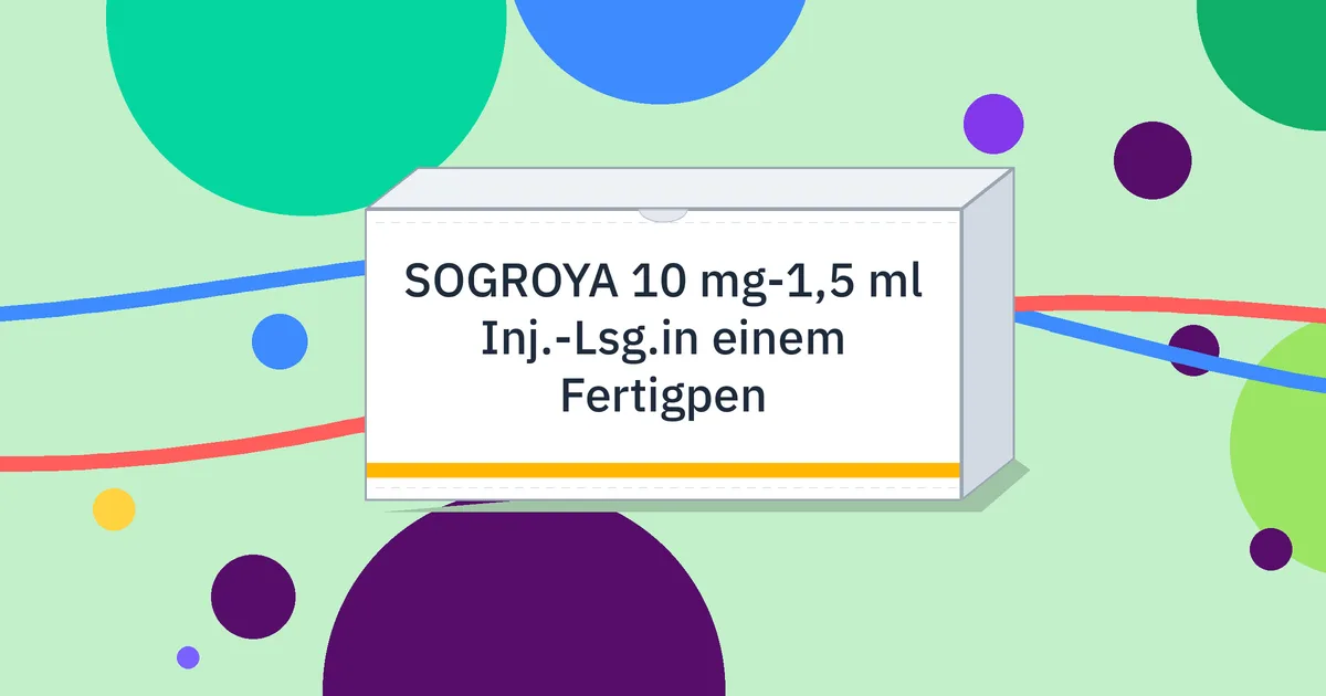 Symbolbild: Packung mit der Aufschrift SOGROYA 10 mg-1,5 ml Inj.-Lsg.in einem Fertigpen (PZN 20298929) – Verfügbarkeit und Bezug in Apotheken in Frankfurt am Main
